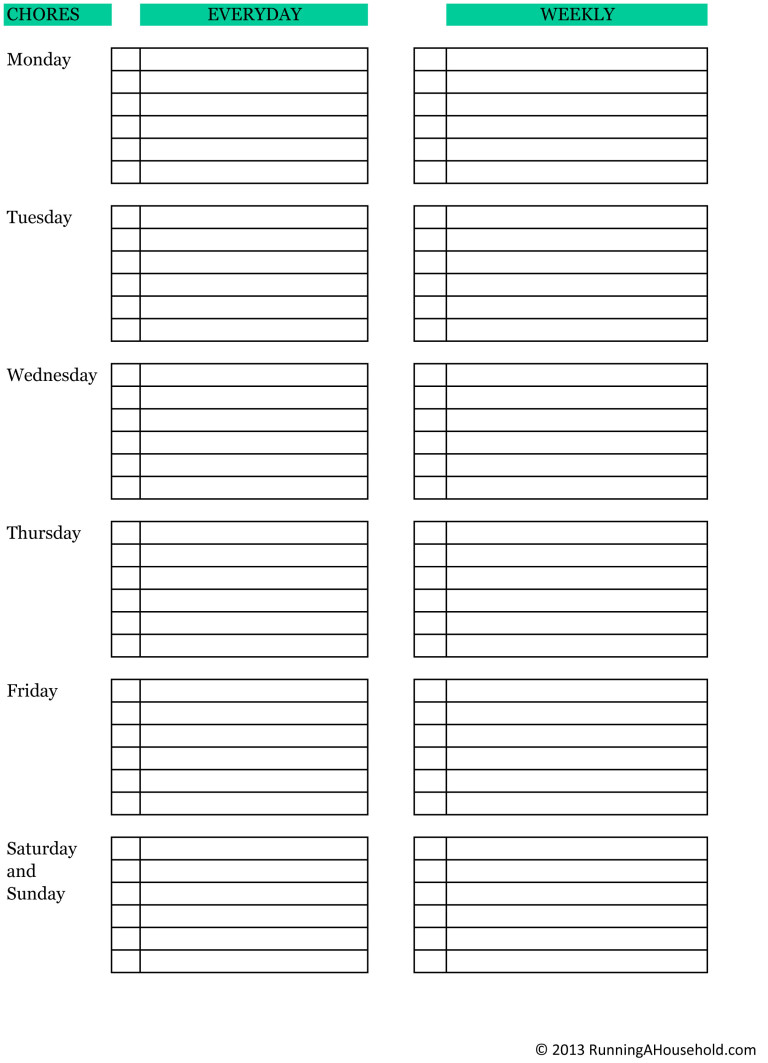 Household Chores - Weekly Checklist - Running A Household